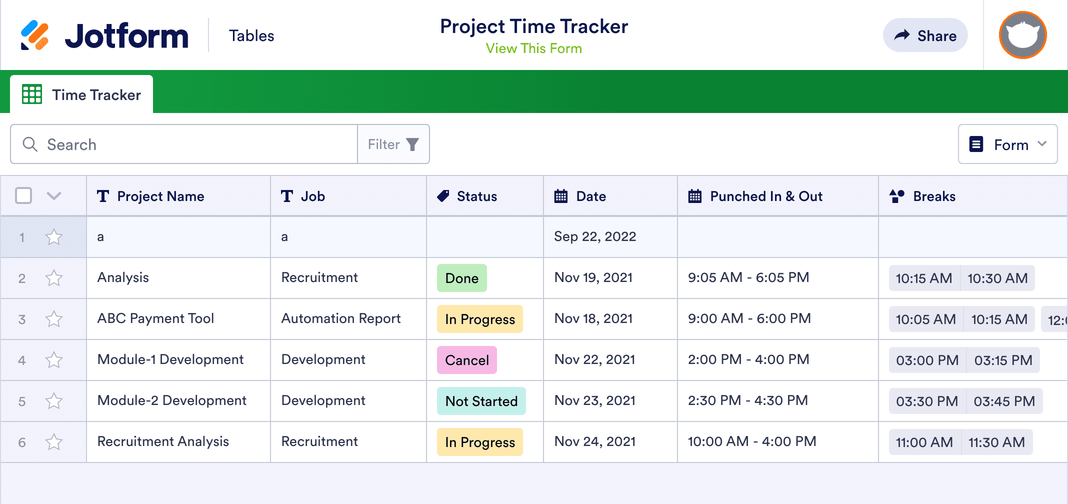 Project Time Tracker Template | Jotform Tables