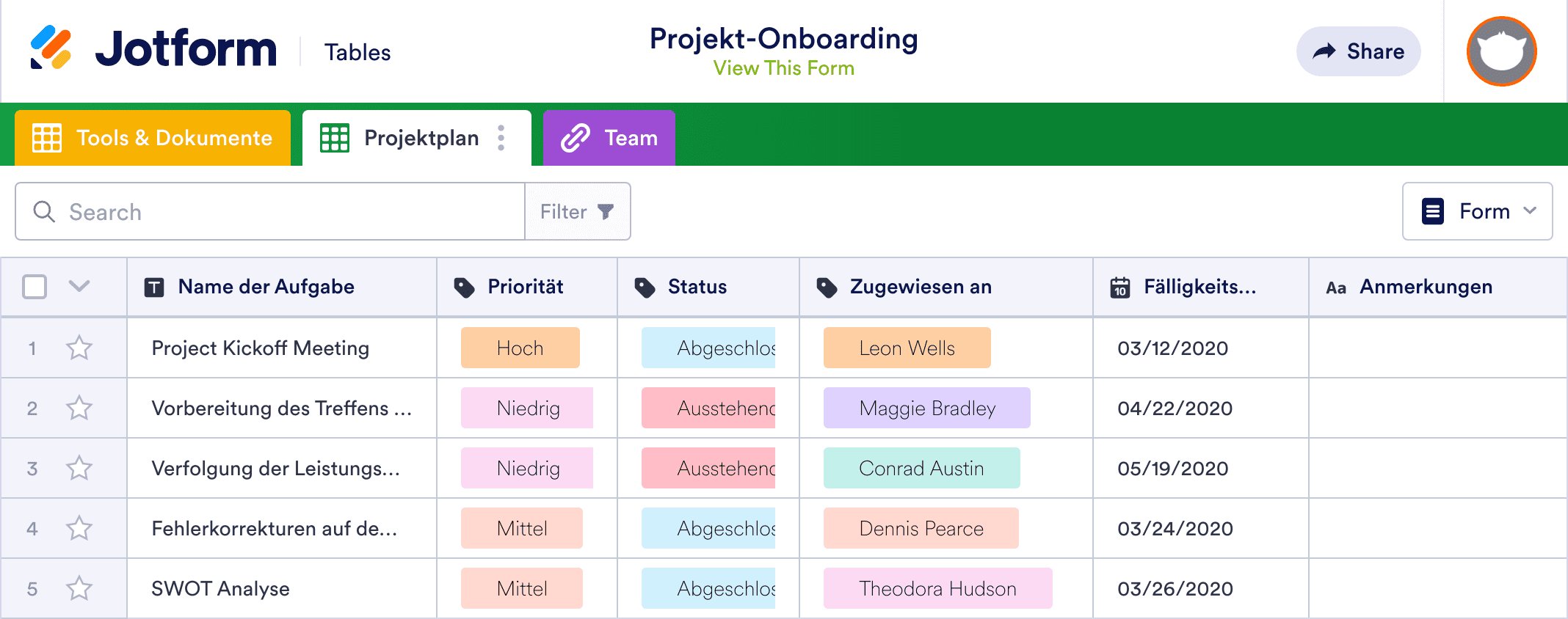 Projekt-Onboarding Vorlage | Jotform Tables
