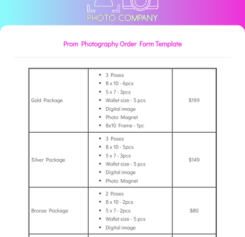 Prom Photography Order Form Template | Jotform