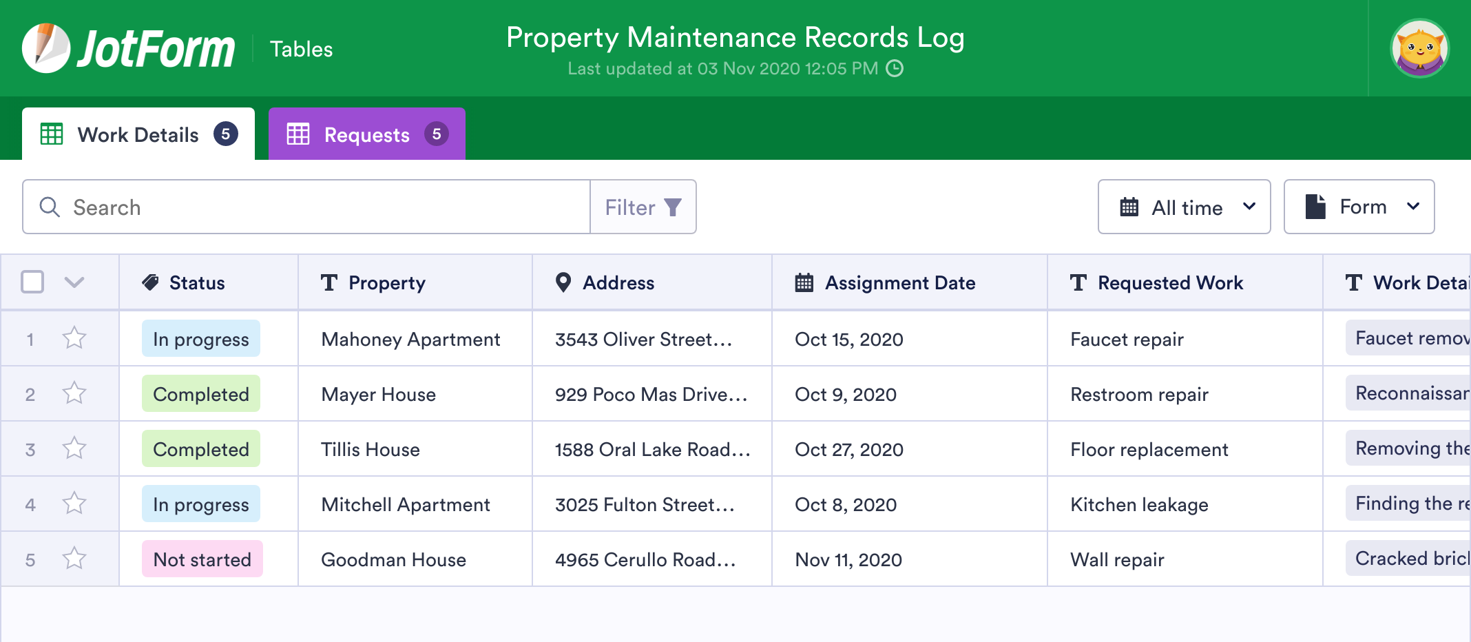 Property Maintenance Records Log Template | JotForm Tables