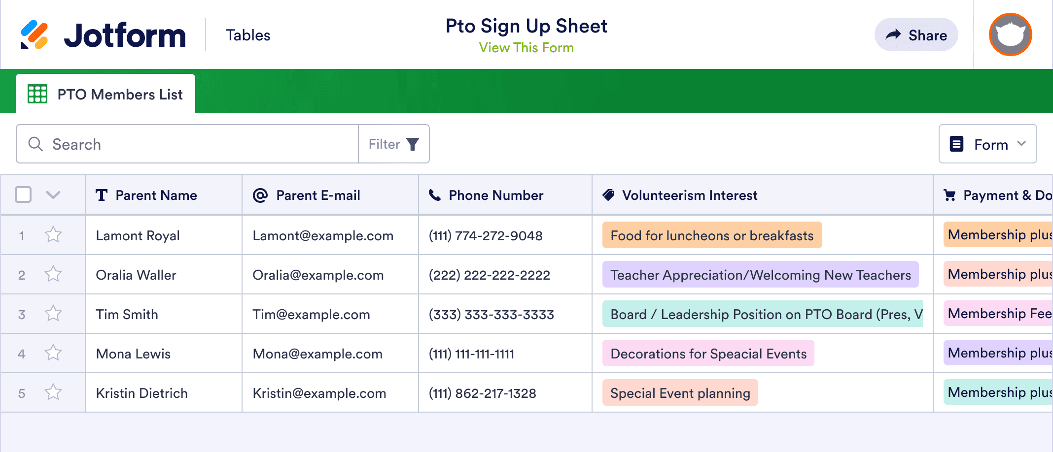 Pto Sign Up Sheet Template | Jotform Tables