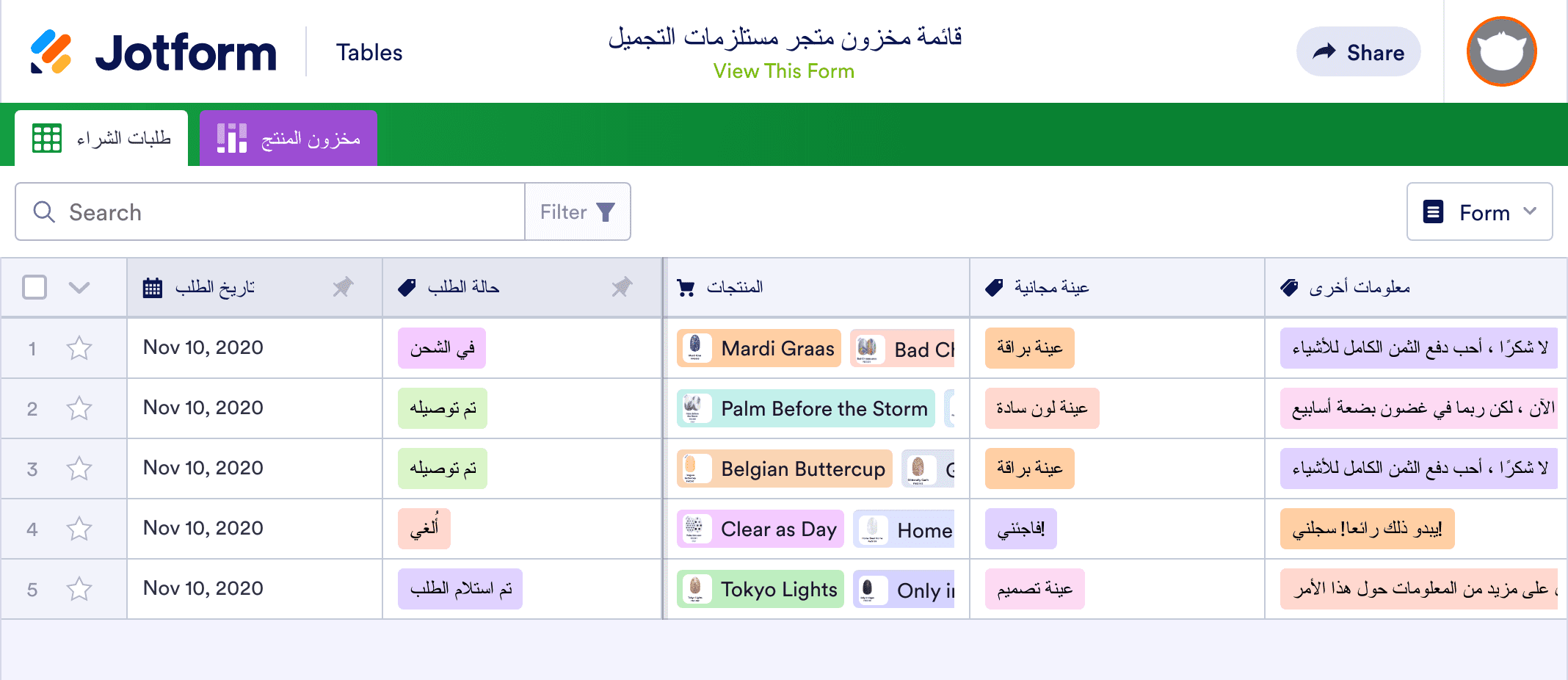 قائمة مخزون متجر مستلزمات التجميل قالب | Jotform Tables