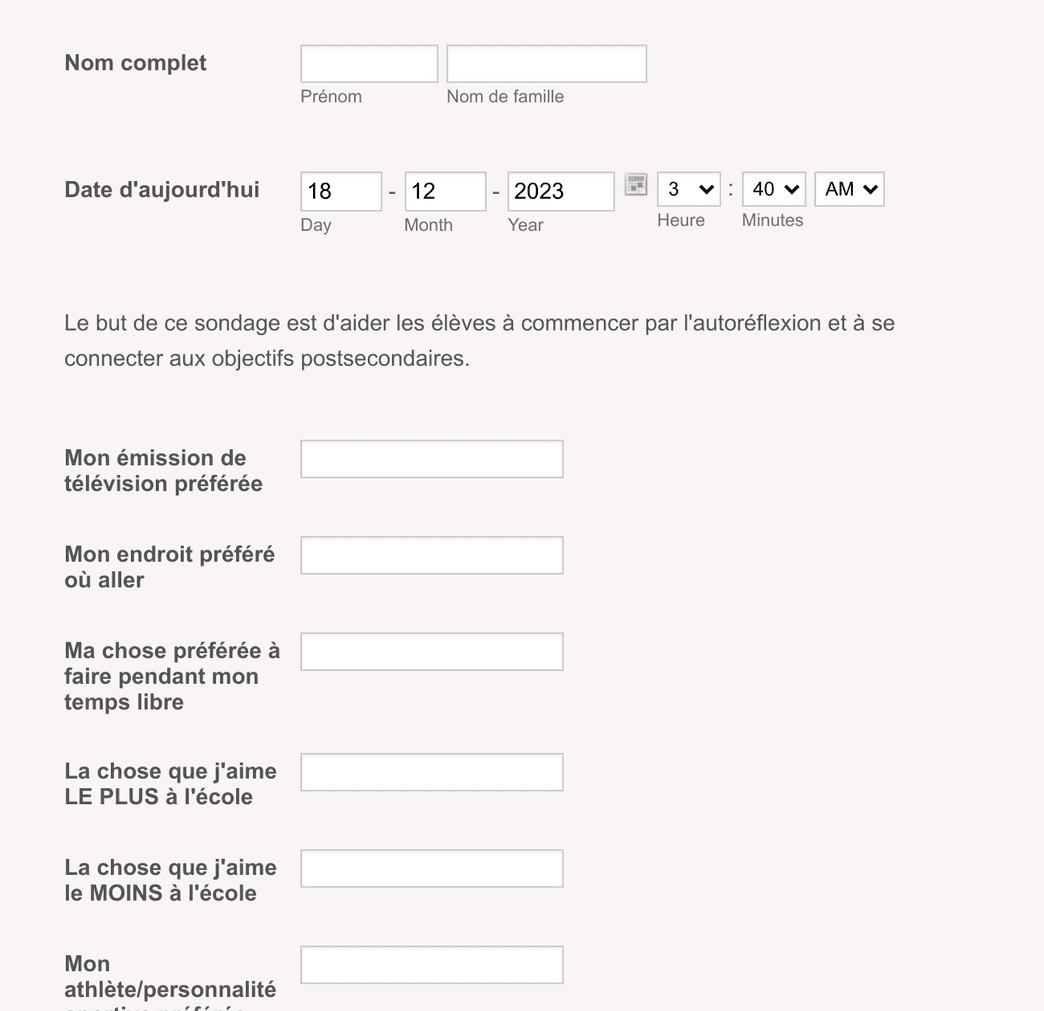 Questionnaire sur mes choses préférées Modèle du formulaire | Jotform
