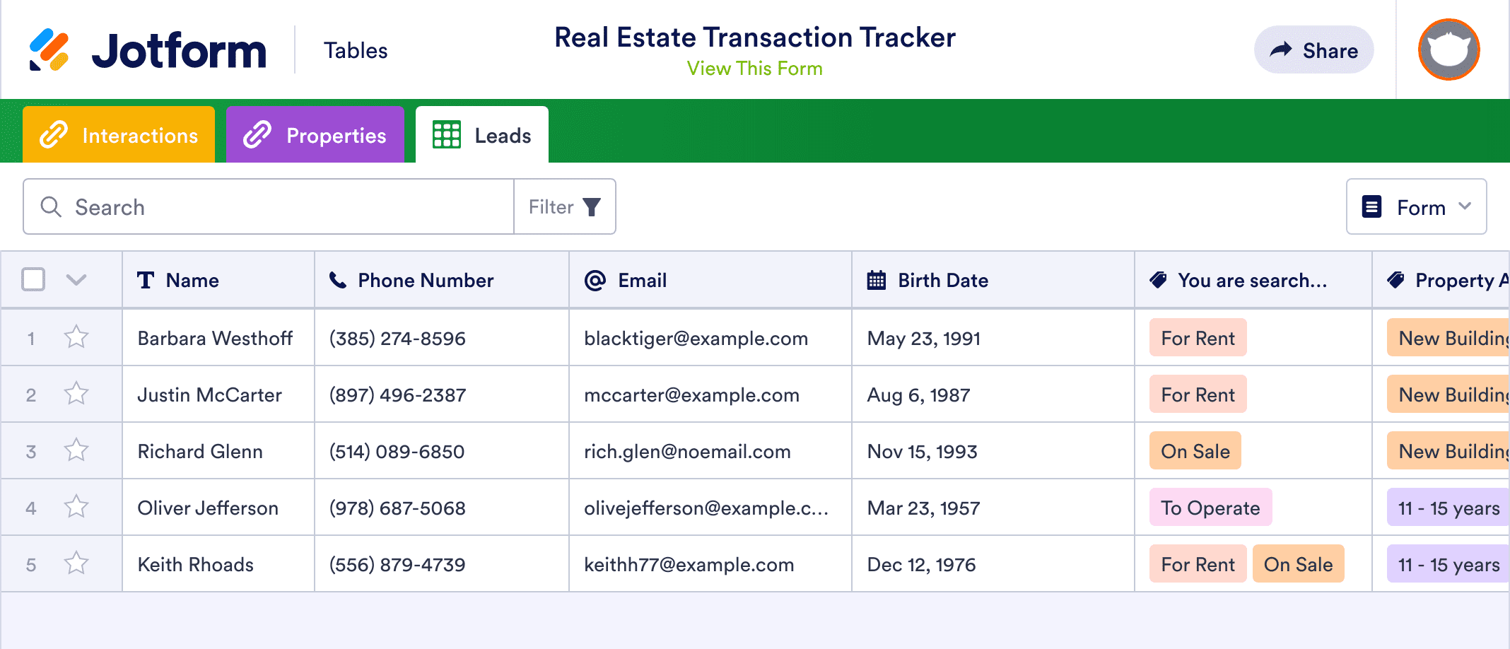Real Estate Transaction Tracker Template | Jotform Tables