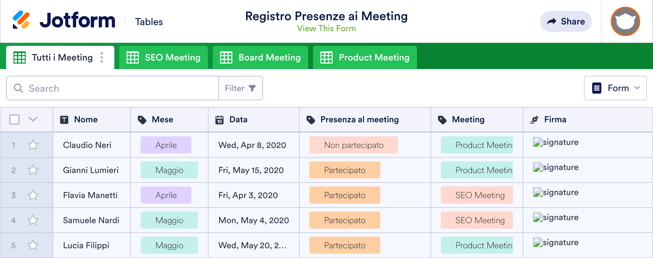 Registro Presenze ai Meeting Template | Jotform Tables
