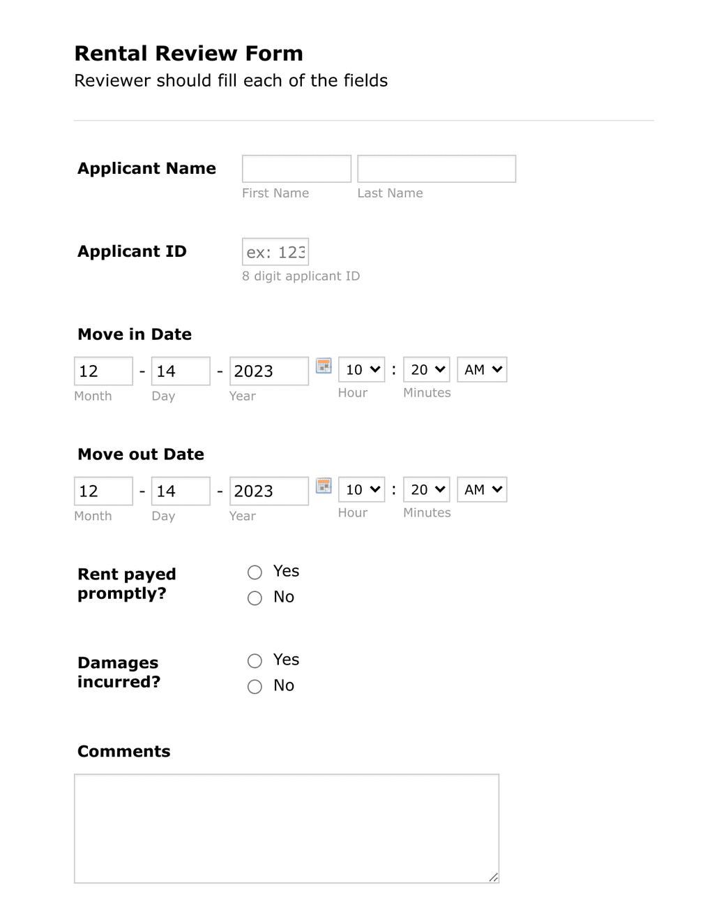 Rental Review Form Template | Jotform