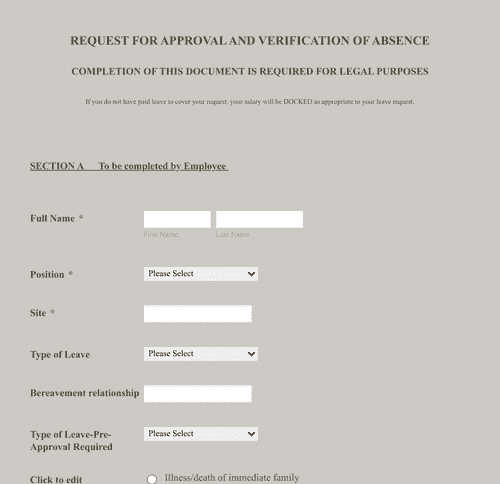 Request for Approval and Verification of Absence Form Template | Jotform