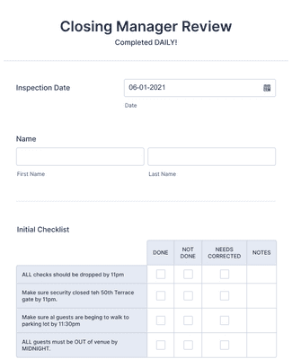 Restaurant Closing Manager Review Form Template | JotForm