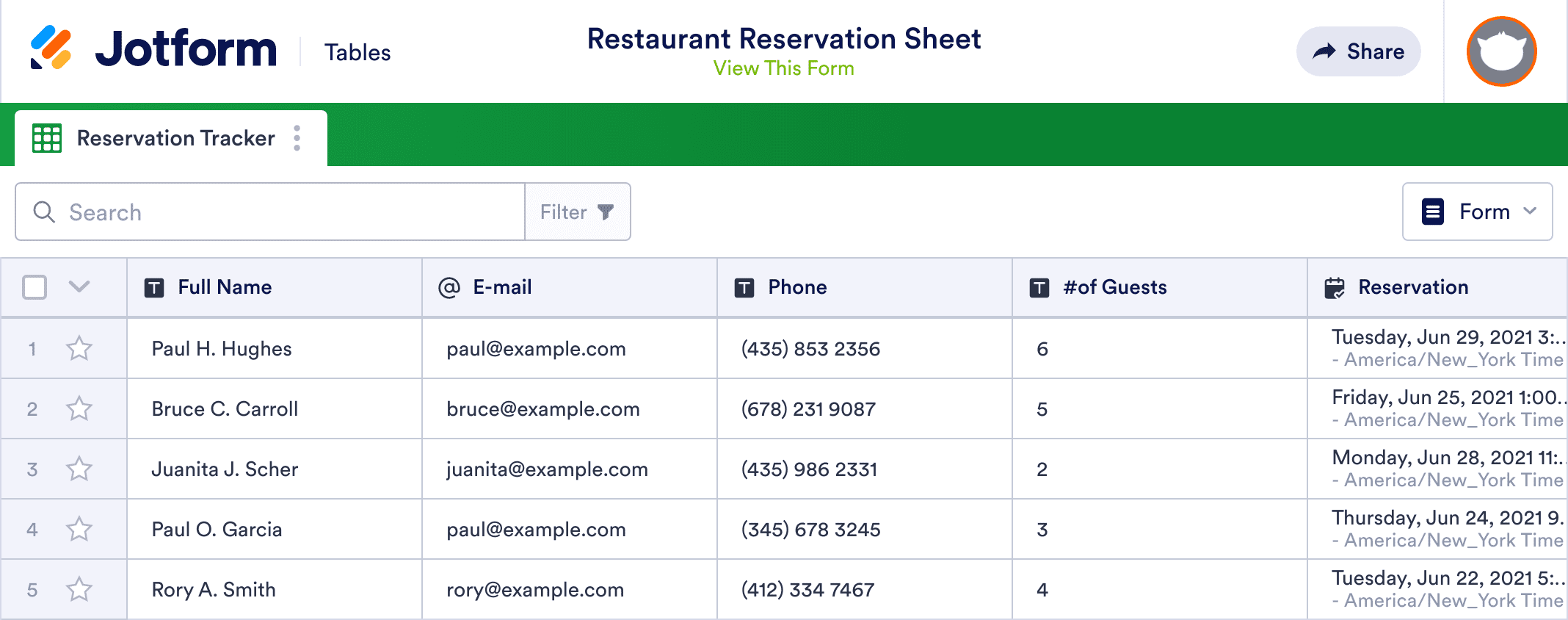 Restaurant Reservation Sheet Template Jotform Tables