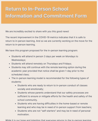 Return to In-Person School Information and Commitment Form Template ...