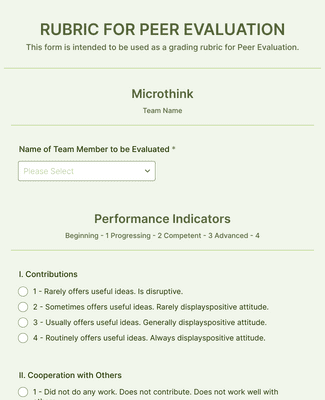 RUBRIC FOR PEER EVALUATION (Microthink) Form Template | Jotform
