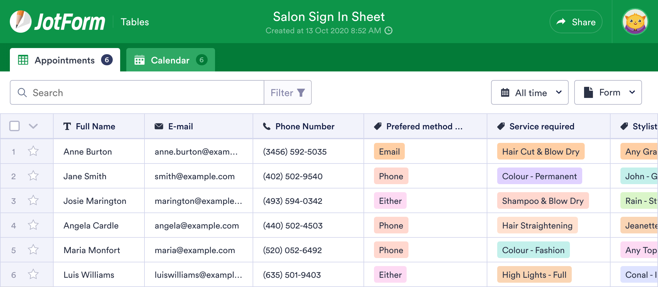 Salon Sign In Sheet Template | JotForm Tables