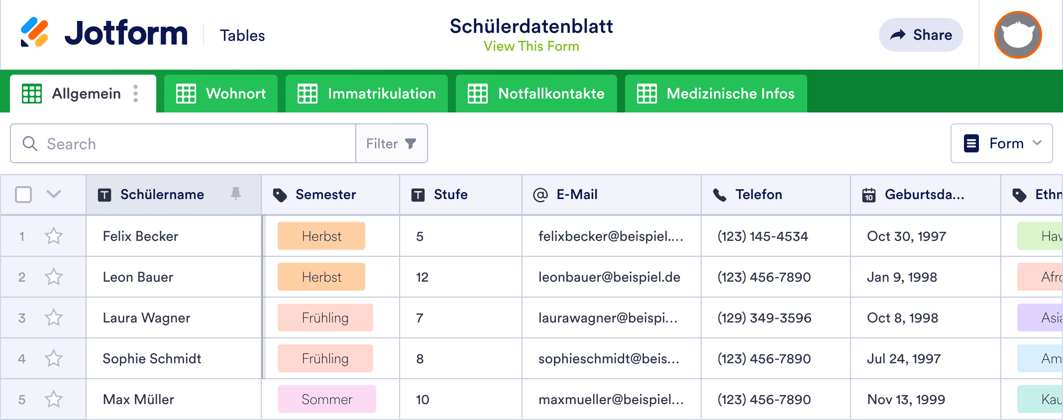 Schülerdatenblatt Vorlage | Jotform Tables