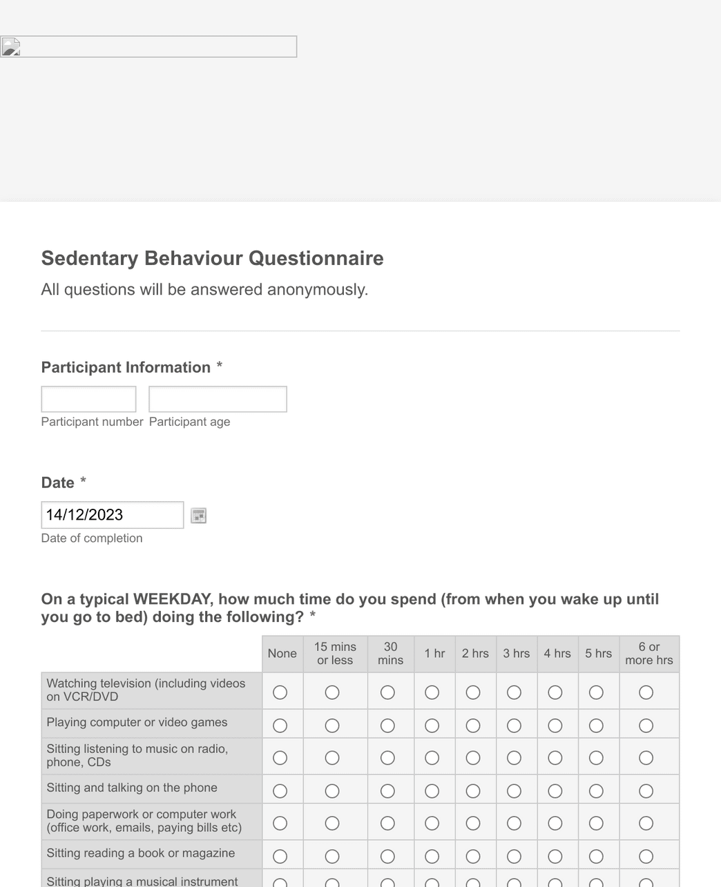 Sedentary Behaviour Questionnaire Form Template | Jotform