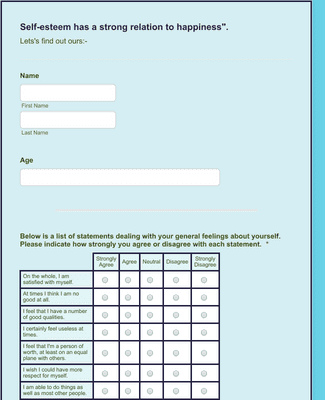 "Self- Esteem Questionnaire" Form Template | Jotform