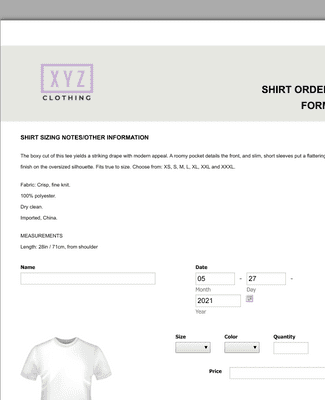 Custom T Shirt Order Form Template | Jotform