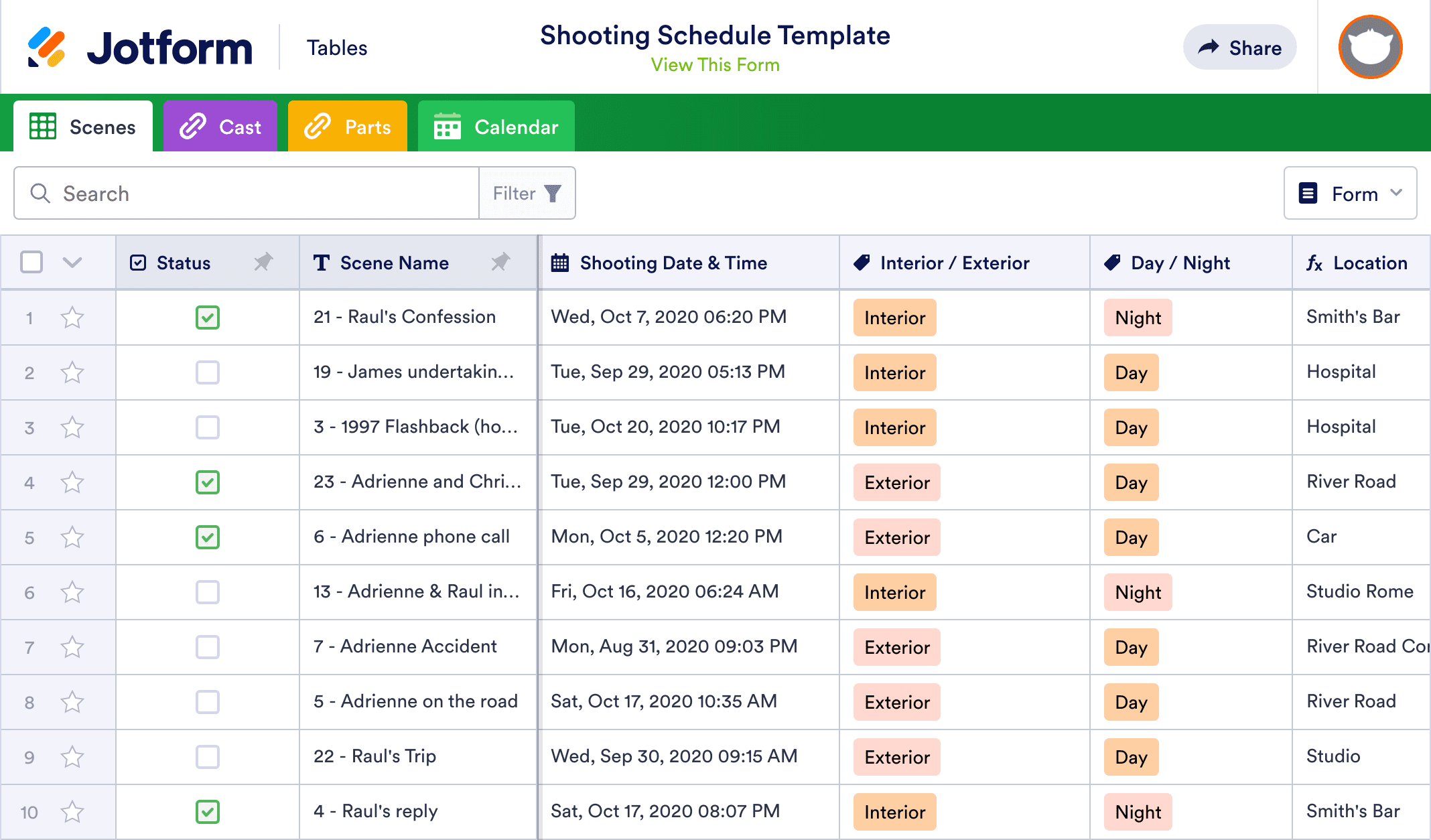 Shooting Schedule Template | Jotform Tables
