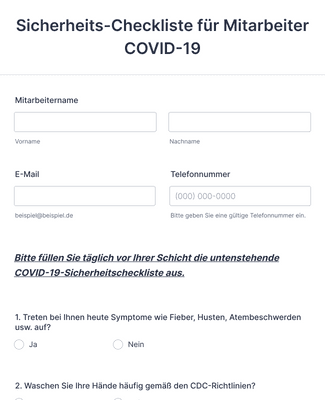 Sicherheits-Checkliste für Mitarbeiter COVID-19 Formularvorlage | Jotform