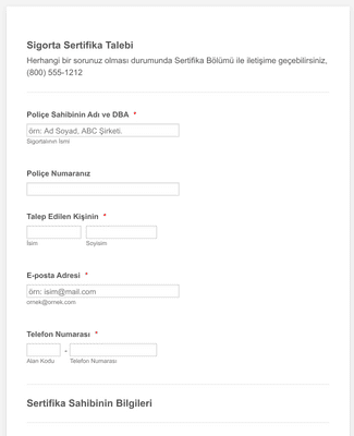 Sigorta Sertifikası Talep Form Şablonu | Jotform