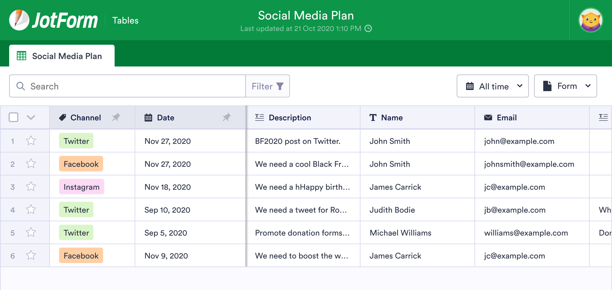 Social Media Plan Template | JotForm Tables