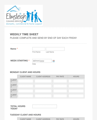 Staff Cleaning Weekly Time Sheet2020 Form Template | Jotform