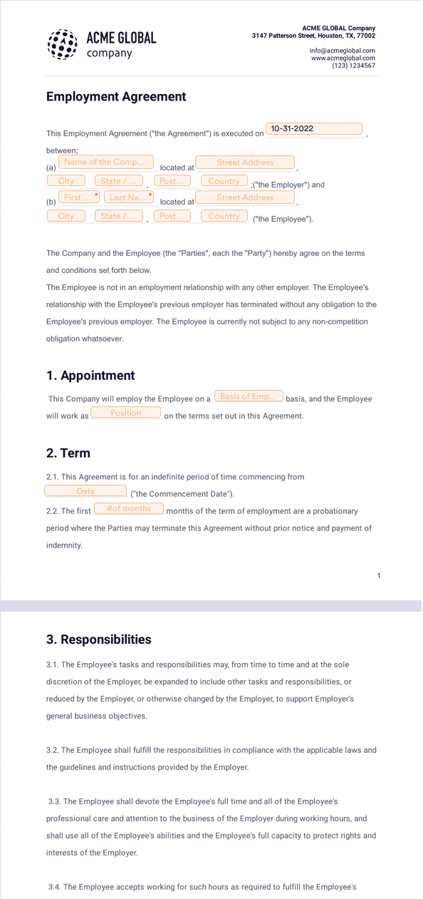 Standard Employment Agreement - Sign Templates | Jotform