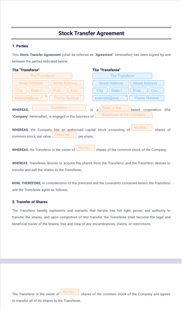 Stock Transfer Agreement - Sign Templates | Jotform
