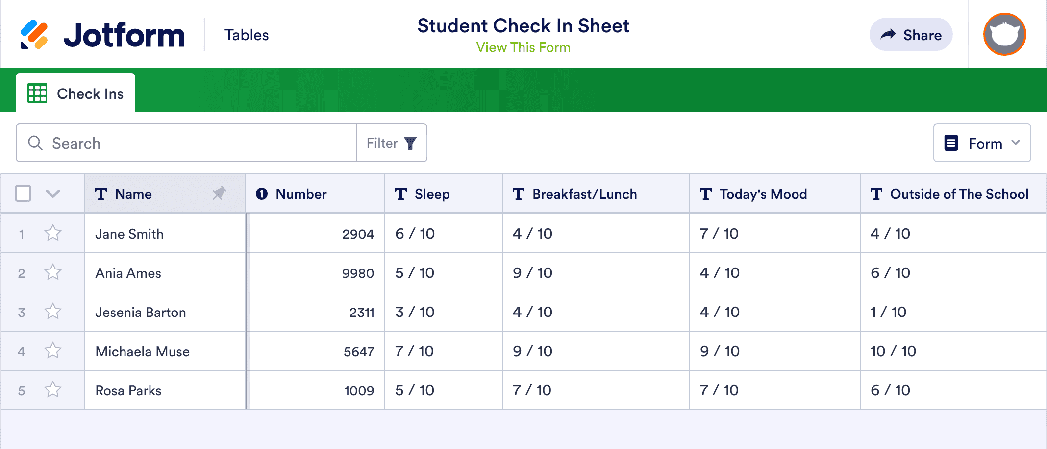 Student Check In Sheet Template | Jotform Tables