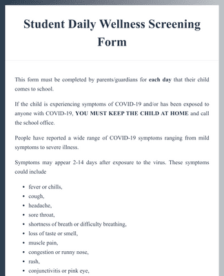 Student Daily Wellness Screening Form Template | Jotform