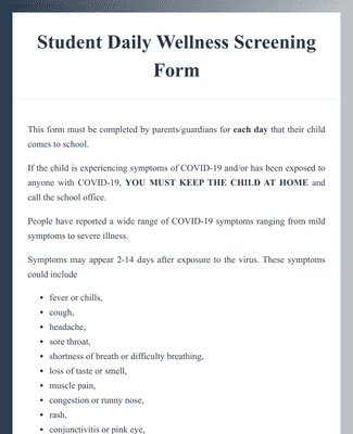 Student Daily Wellness Screening Form Template | Jotform