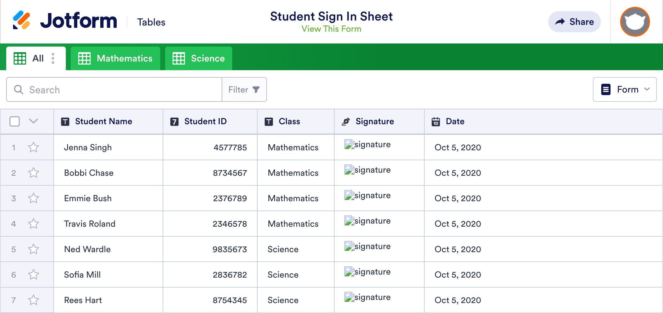 Student Sign In Sheet Template | Jotform Tables
