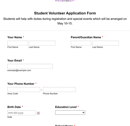 Student Volunteer Application Form Template | Jotform
