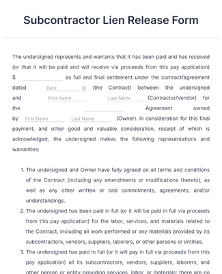 Subcontractor Lien Release Form Template | Jotform
