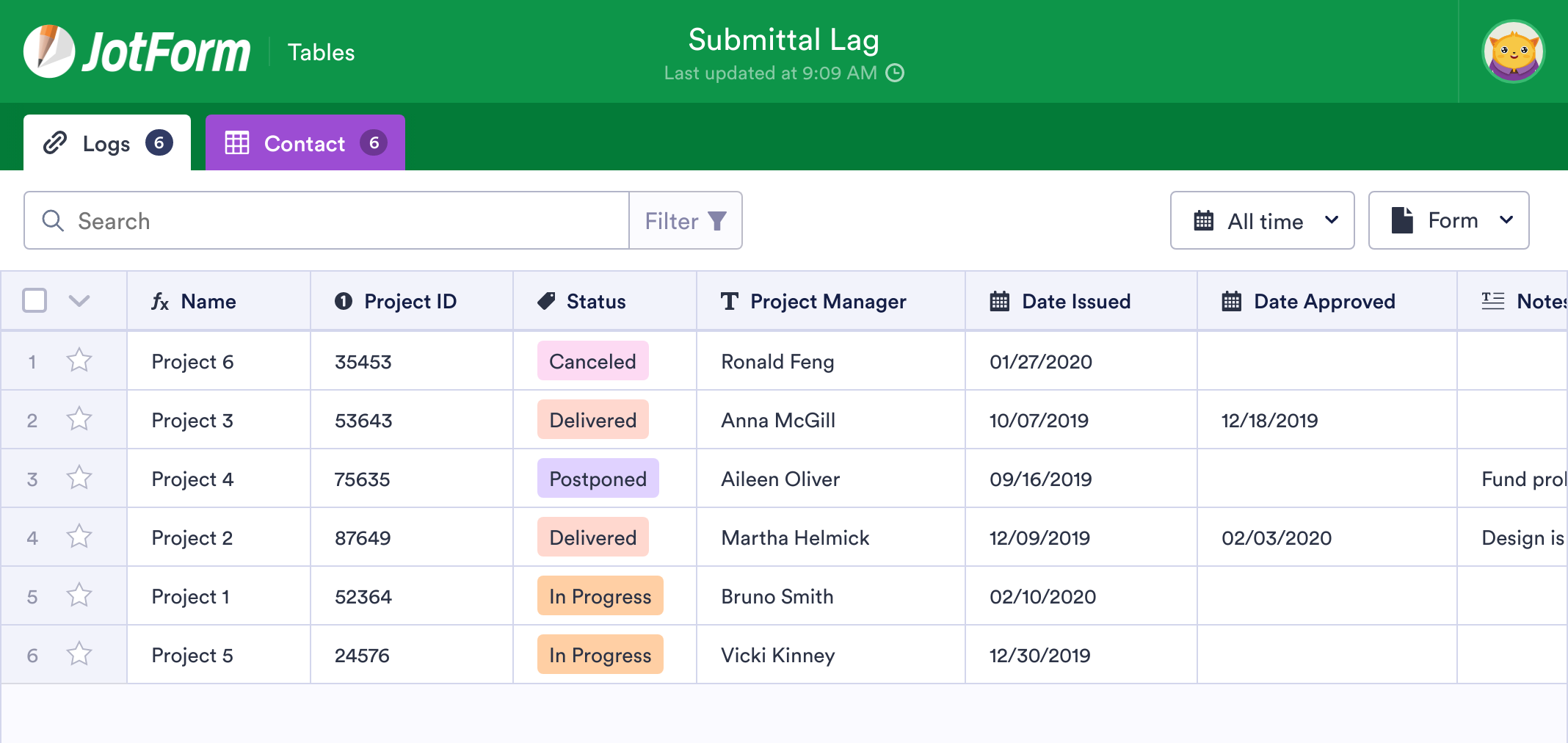 Submittal Log Template | JotForm Tables