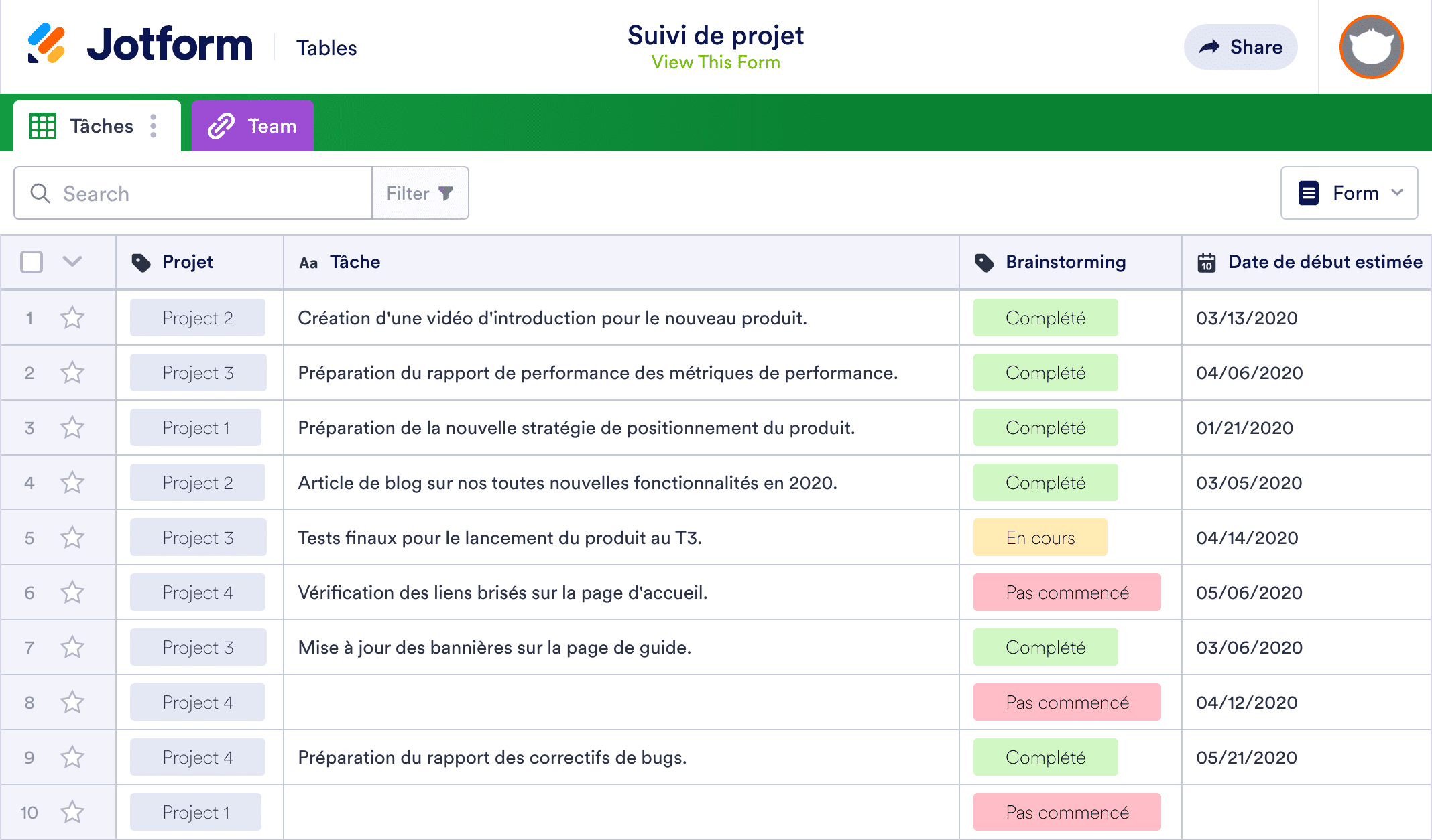 Suivi de projet Modèle | Jotform Tables