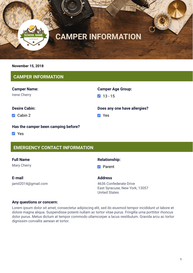 Summer Camp Emergency Contact - PDF Templates | Jotform