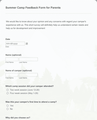 Summer Camp Survey Form for Parents Form Template | Jotform