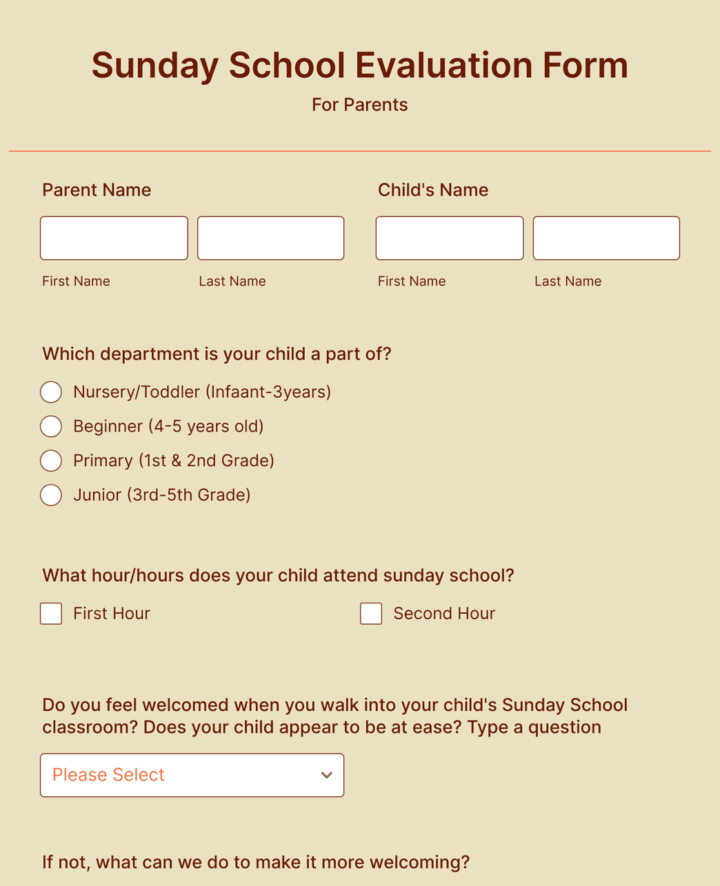 Sunday School Evaluation Form Template | Jotform