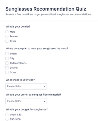 Sunglasses Recommendation Quiz Form Template | Jotform