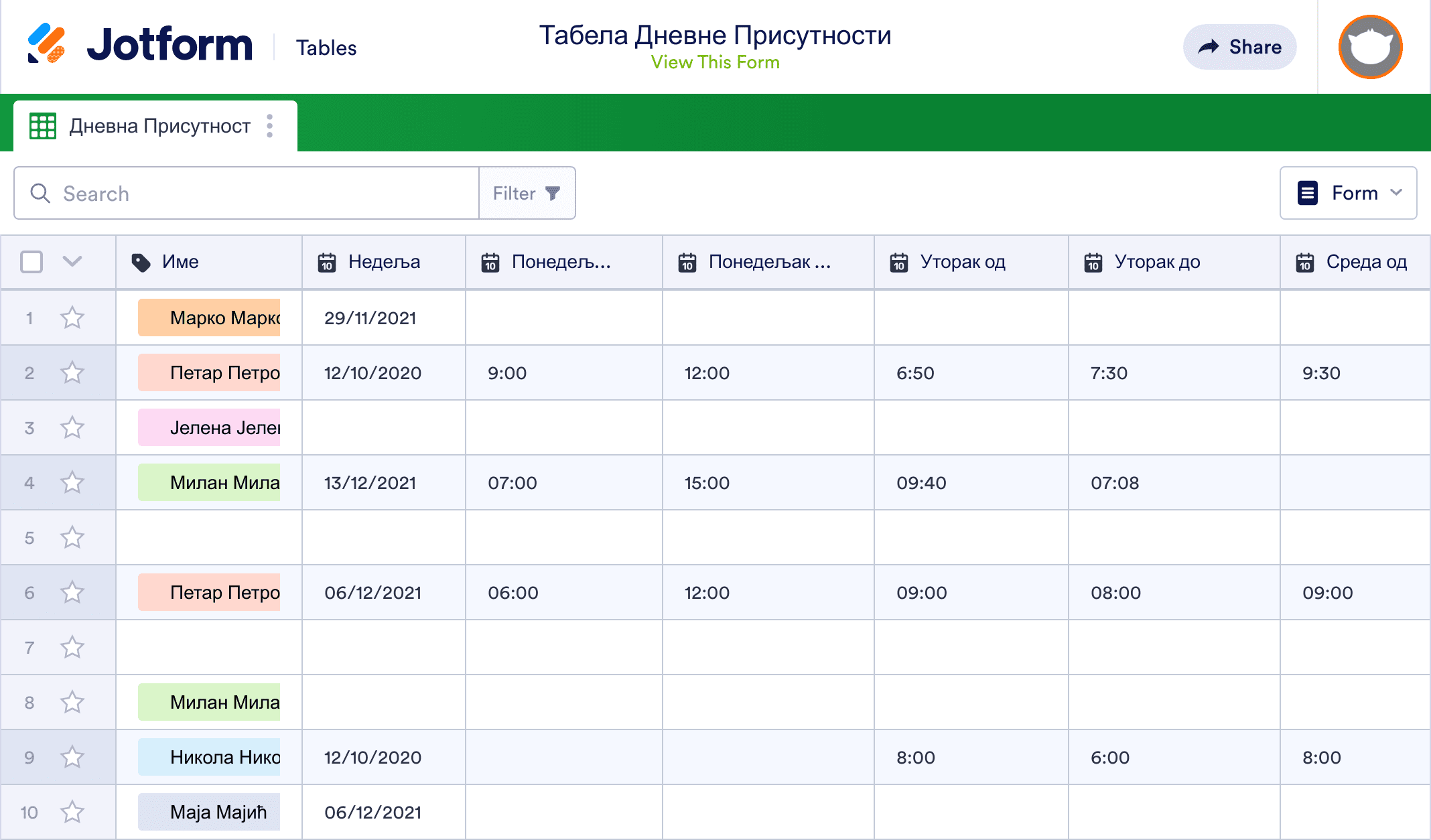 Табела Дневне Присутности Шаблон | Jotform Tables
