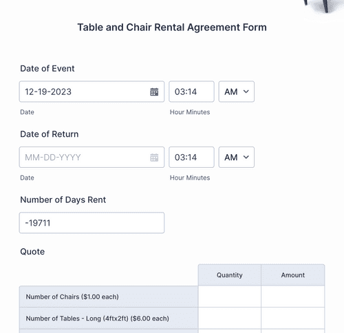 Table and Chair Rental Agreement Form Template | Jotform
