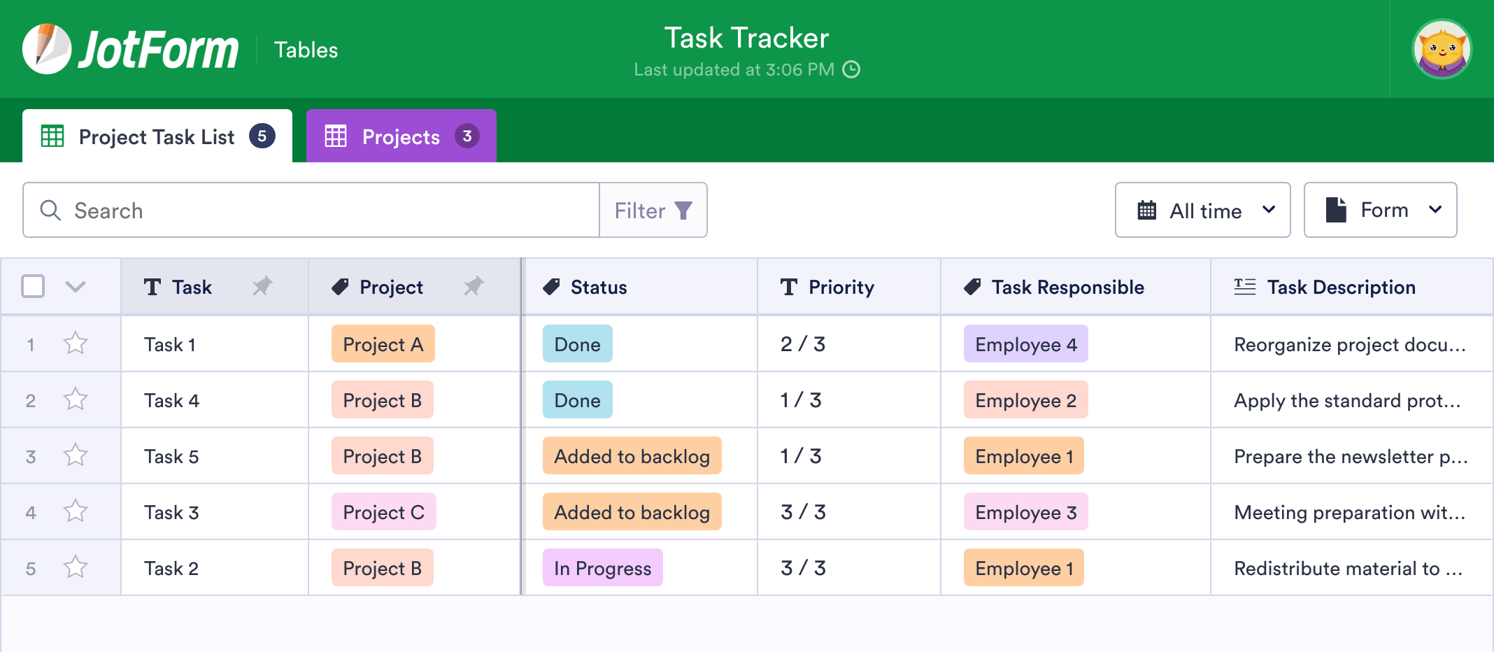 Task Tracker Template JotForm Tables