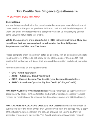 Tax Credits Due Diligence Questionnaire Form Template | Jotform