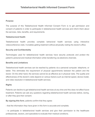 Telebehavioral Health Informed Consent Form Template | Jotform