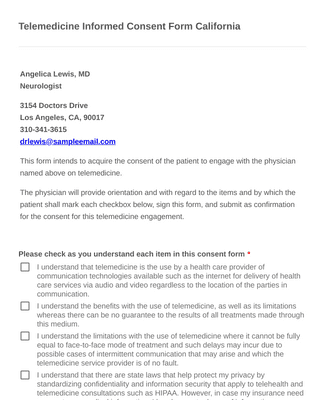Telemedicine Informed Consent Form California Form Template | Jotform