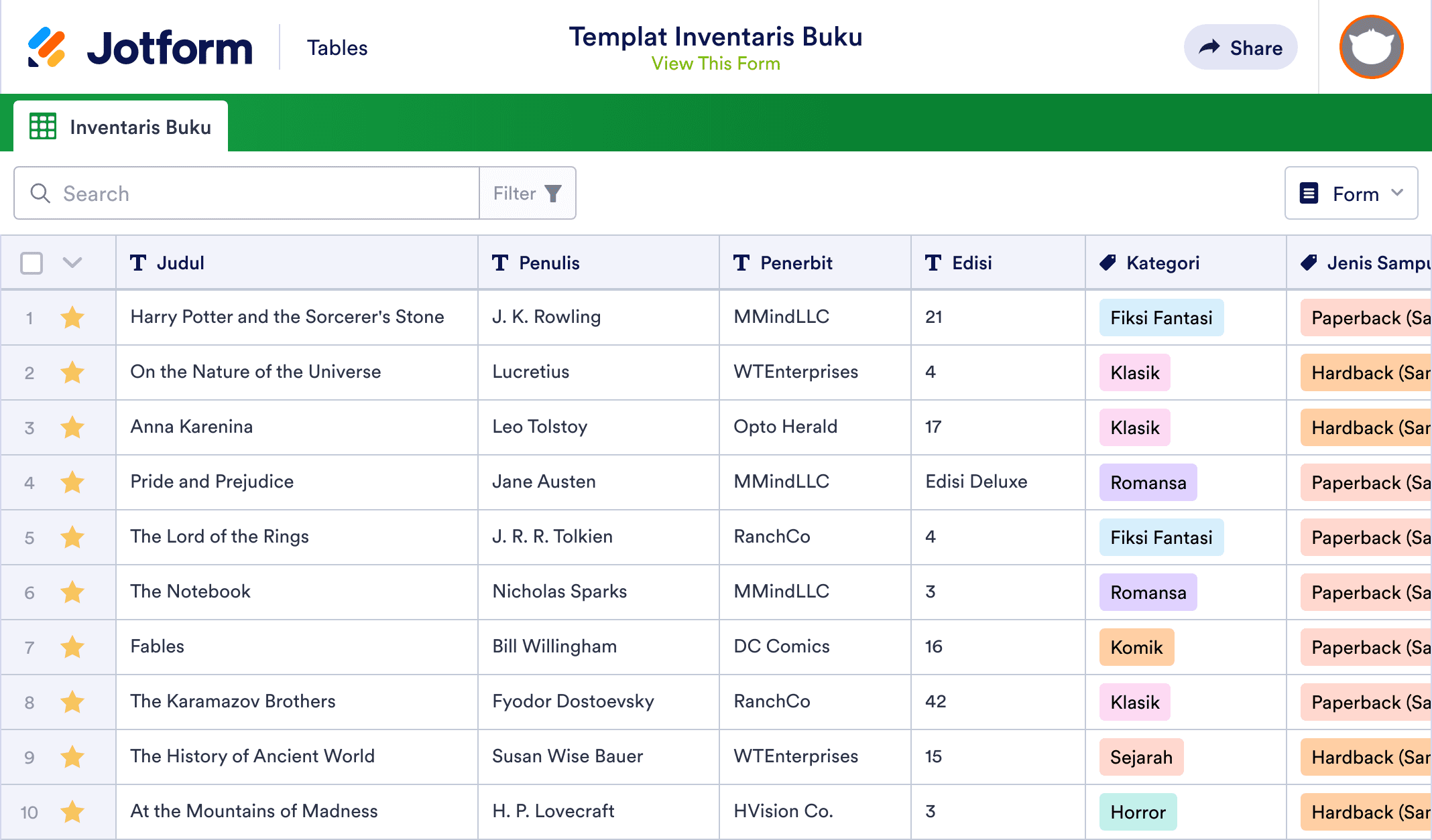 Templat Inventaris Buku Template | Jotform Tables