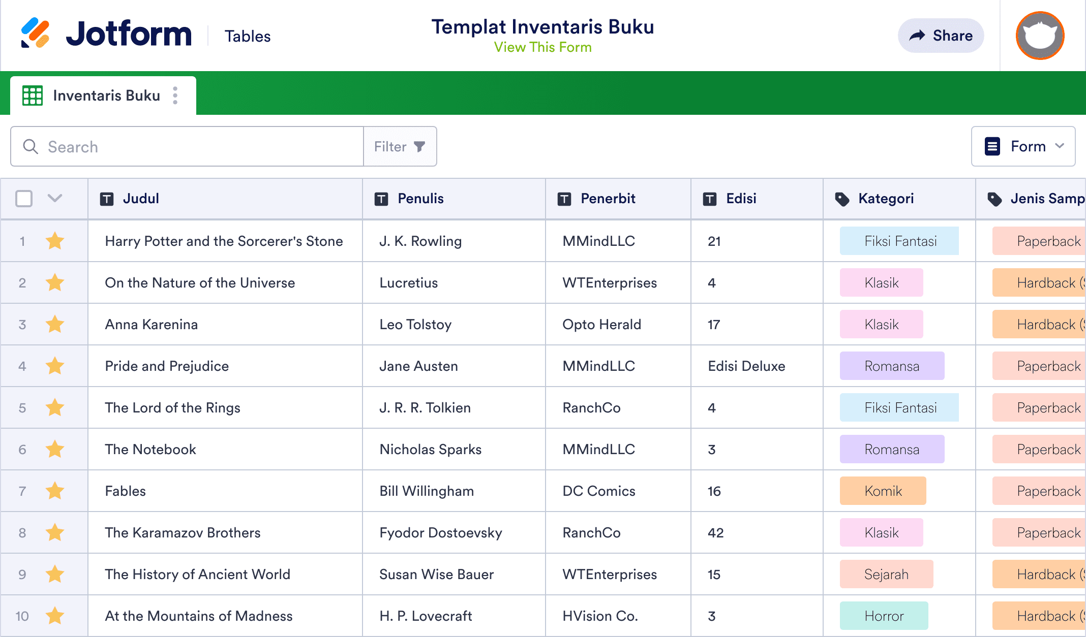 Templat Inventaris Buku Template | Jotform Tables