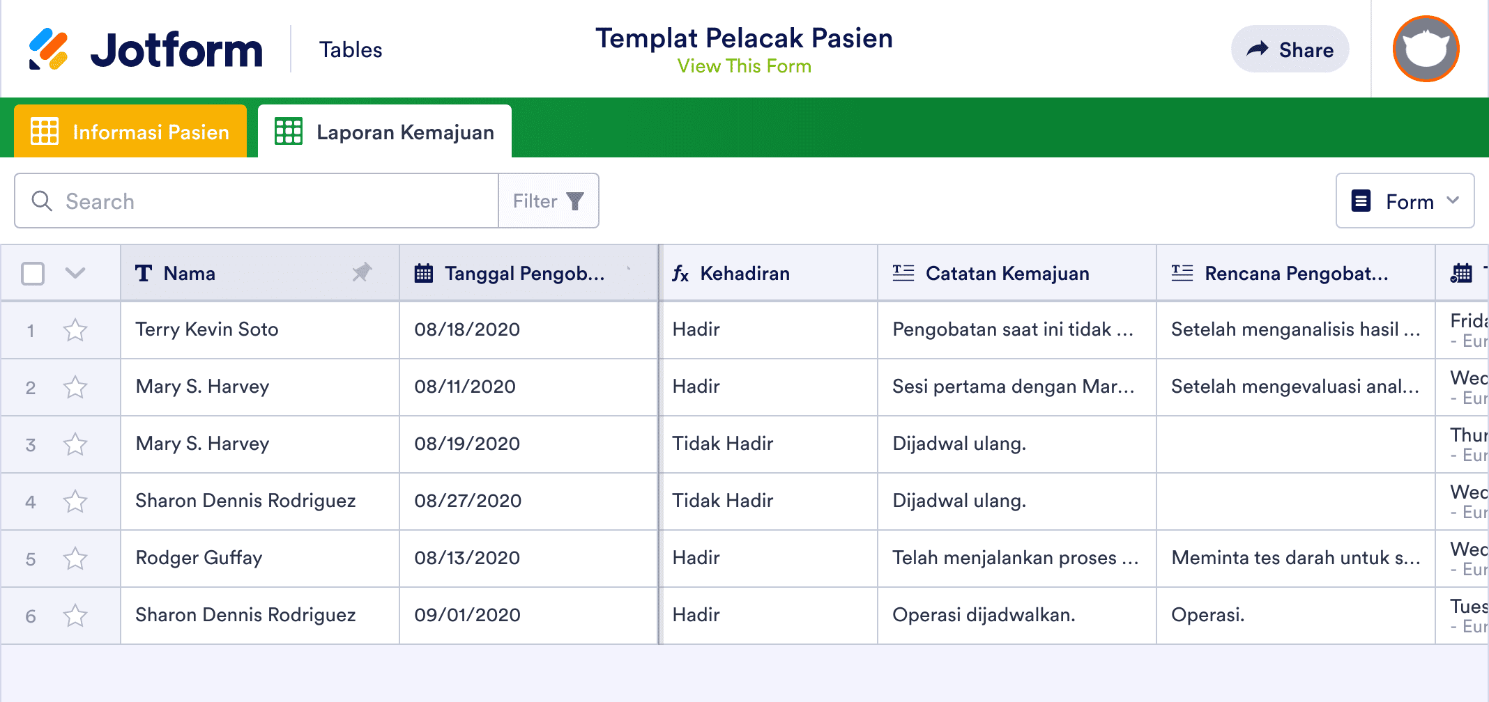 Templat Pelacak Pasien Template | Jotform Tables