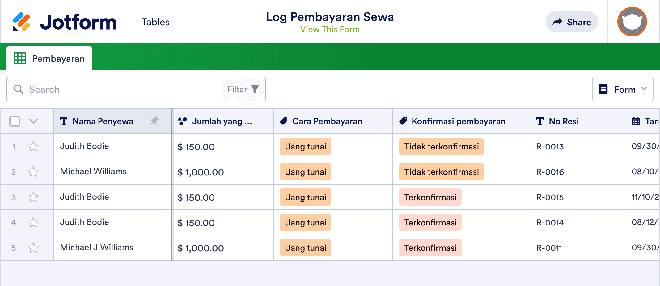 Templat Pencatatan Pembayaran Sewa Template | Jotform Tables