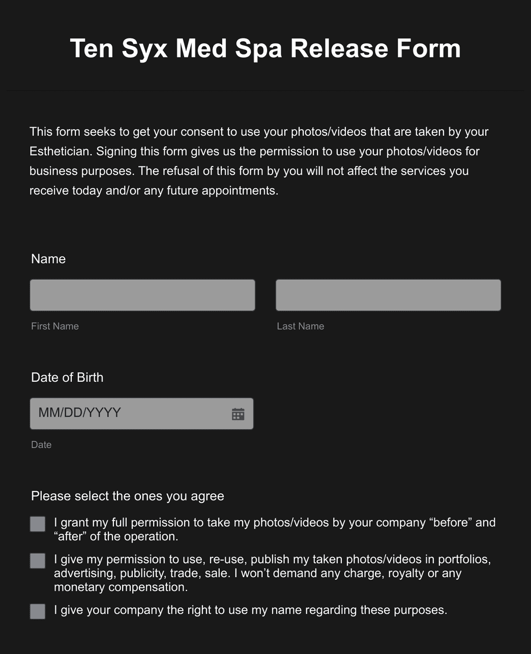 Ten Syx Med Spa Release Form Template | Jotform